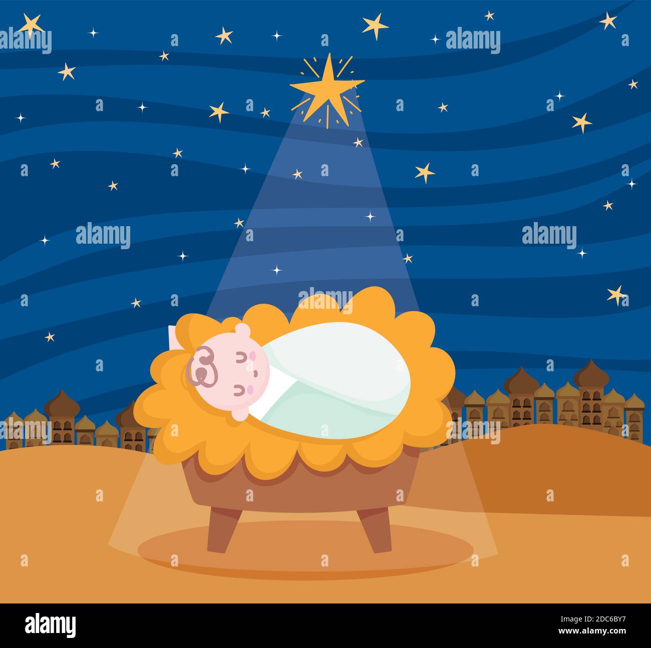 nativity, manger baby jesus star desert night cartoon vector ...