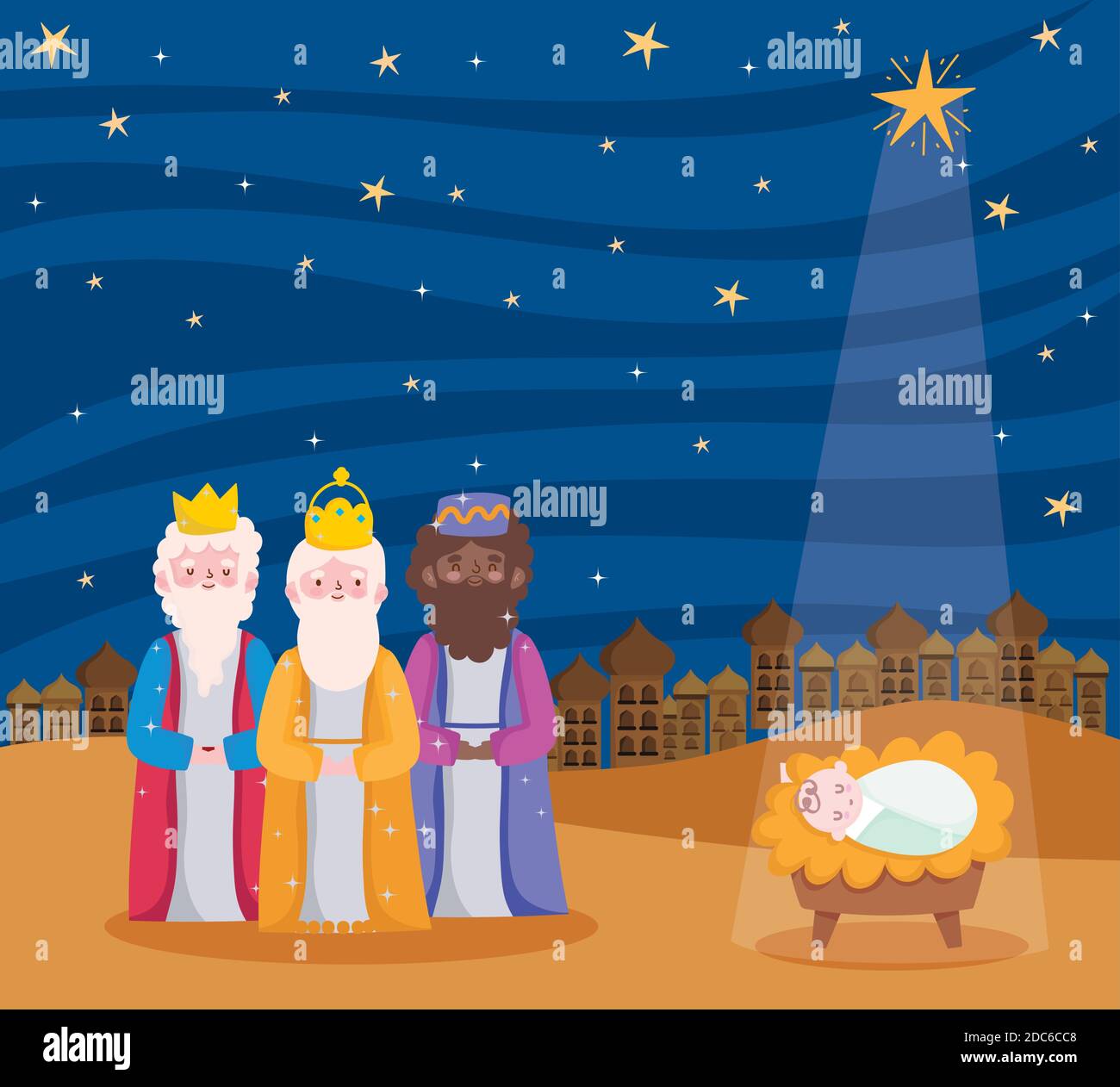 nativity, manger three wise kings and baby jesus with star cartoon ...