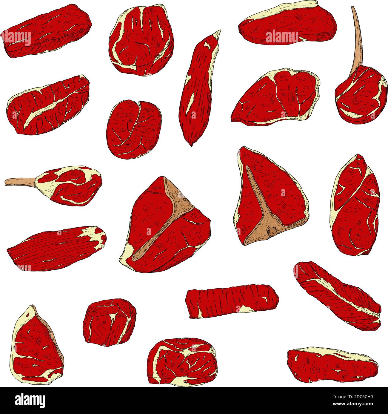 Set of meat steaks. Vector cartoon illustrations. Isolated objects on a ...