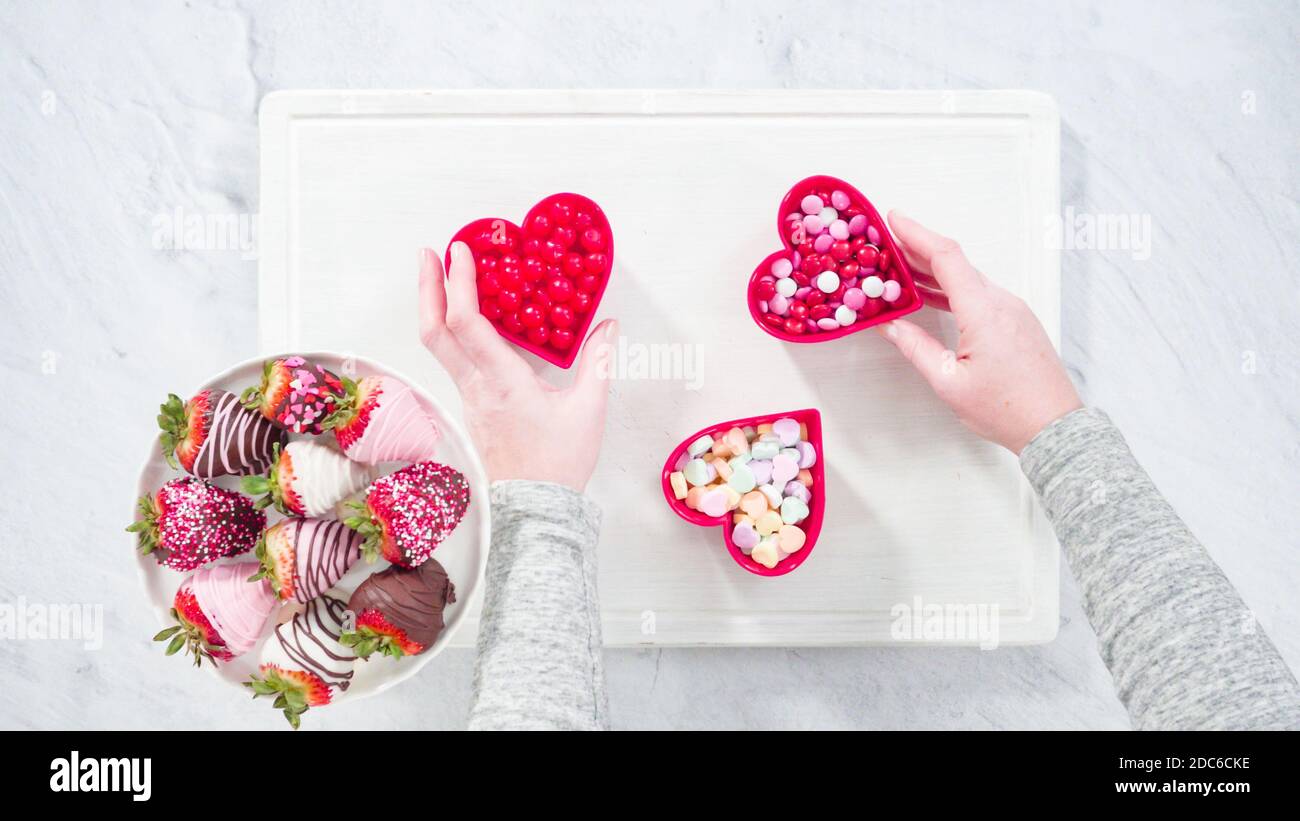 Flat lay. Step by step. Cheese board with candies and cookies for ...