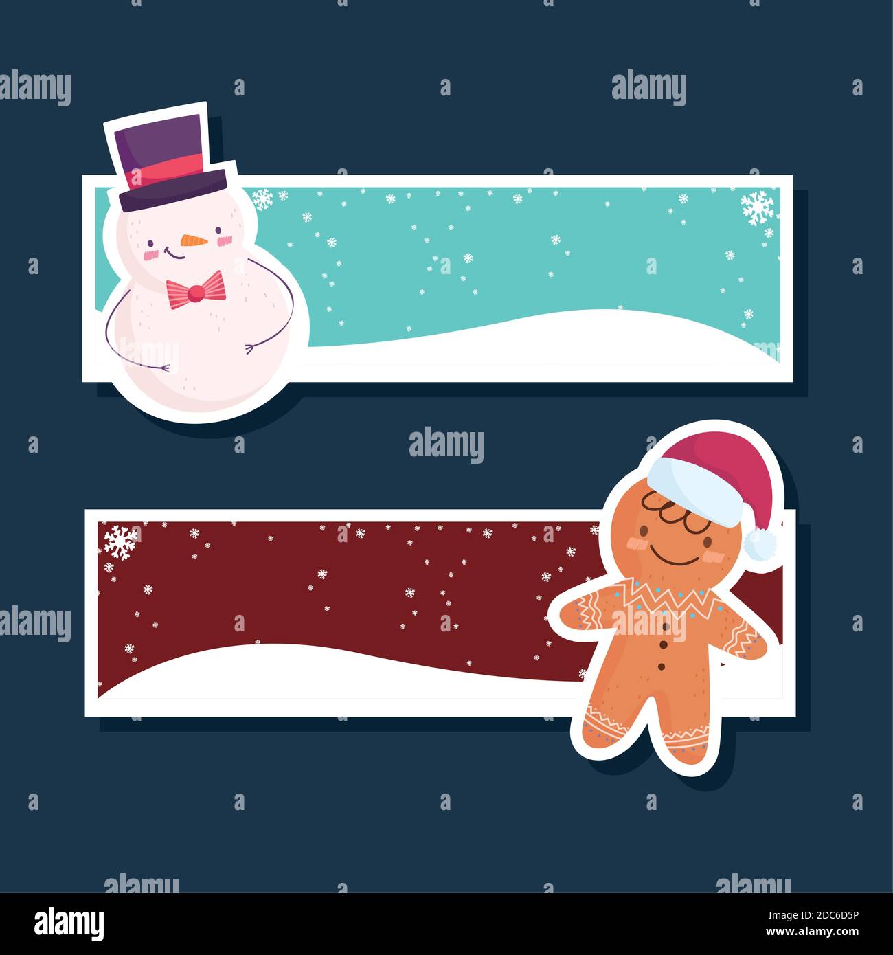 merry christmas, set banner with snowman and gingerbread man vector ...