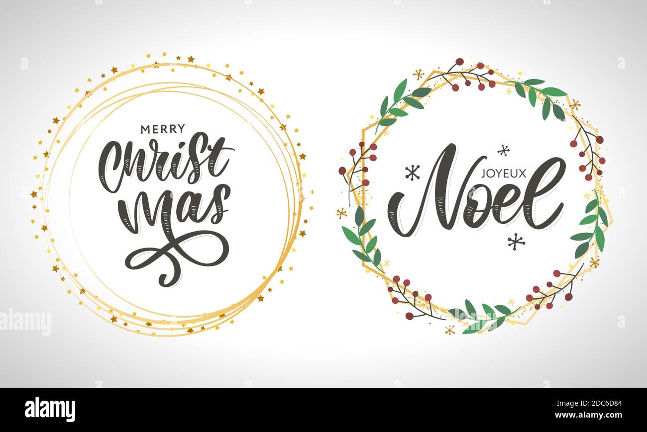 Merry Christmas card template with greetings in french language. Joyeux ...