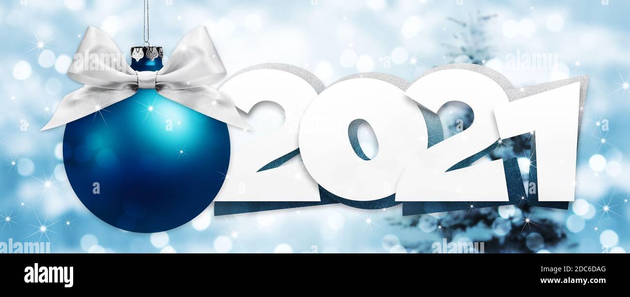 2021 number text with blue christmas ball and silver ribbon bow ...