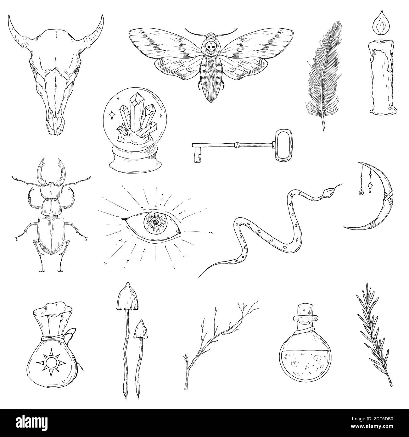 Magical occult elements. Vector set of witchcraft accessories. Isolated ...
