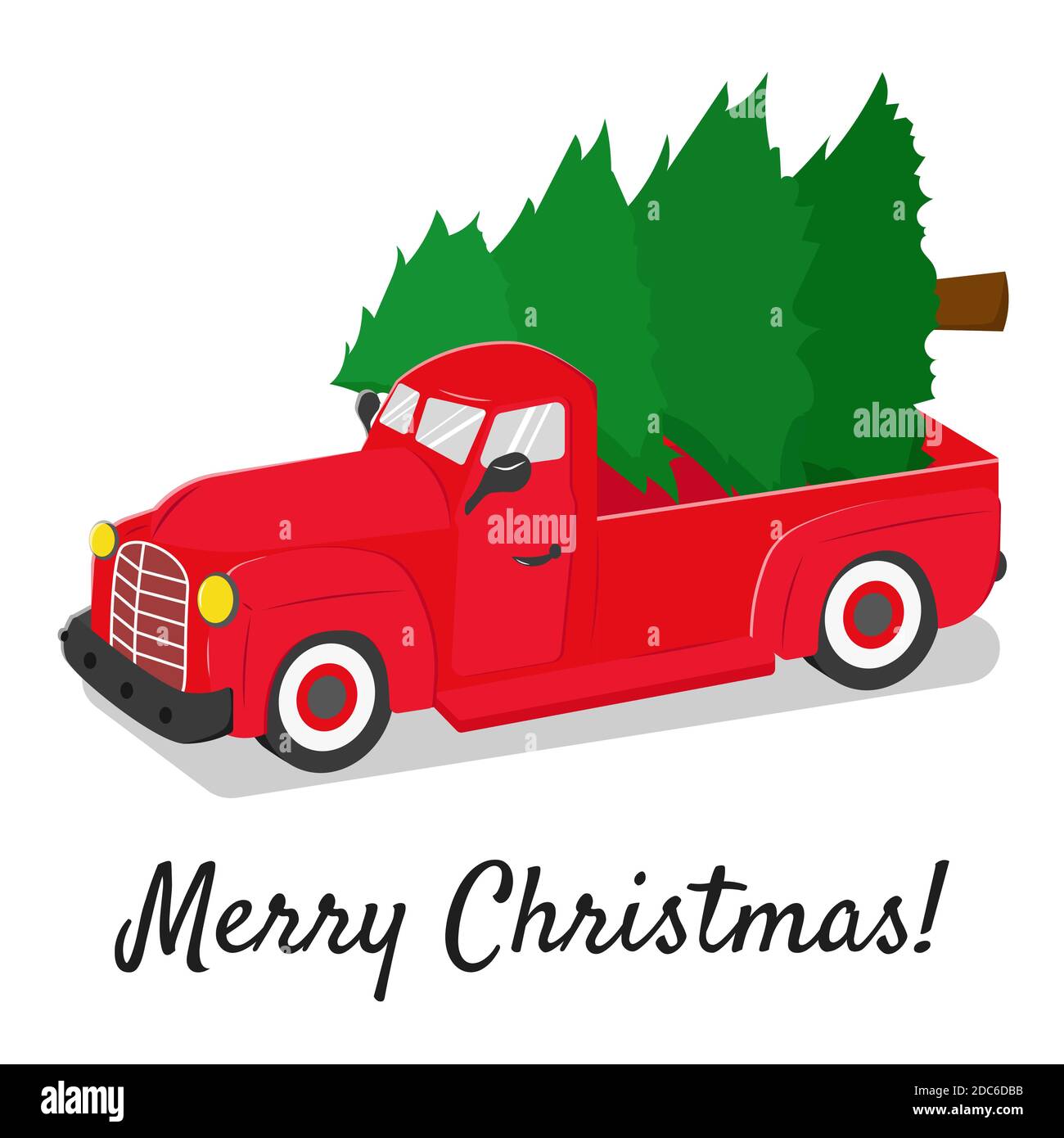 Chrismas truck. Red car with Christmas tree. Vector cartoon ...