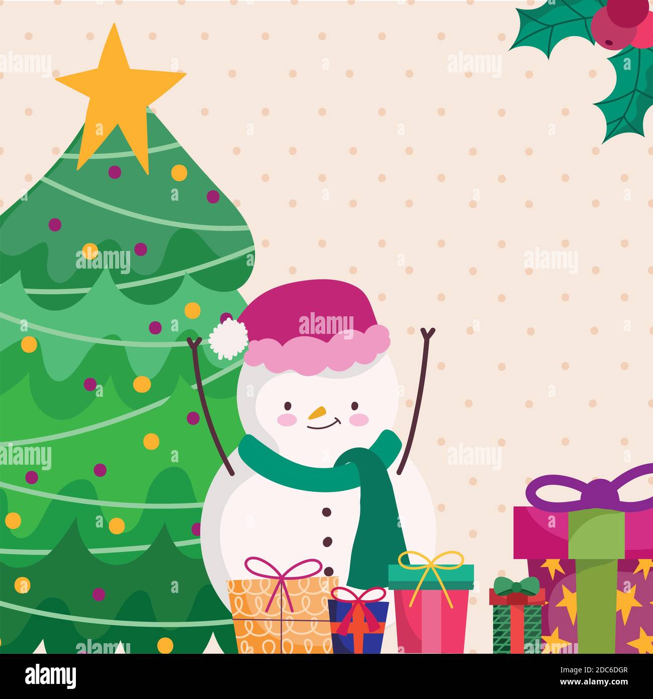 merry christmas snowman cartoon tree and gift boxes vector illustration ...