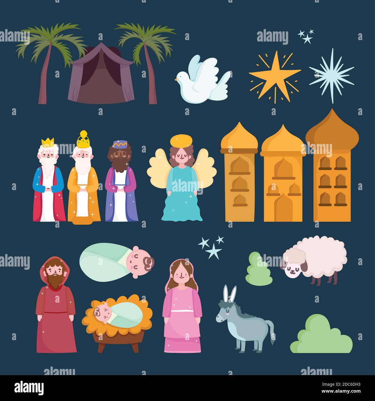nativity manger cartoon set icons include mary joseph baby angel and ...