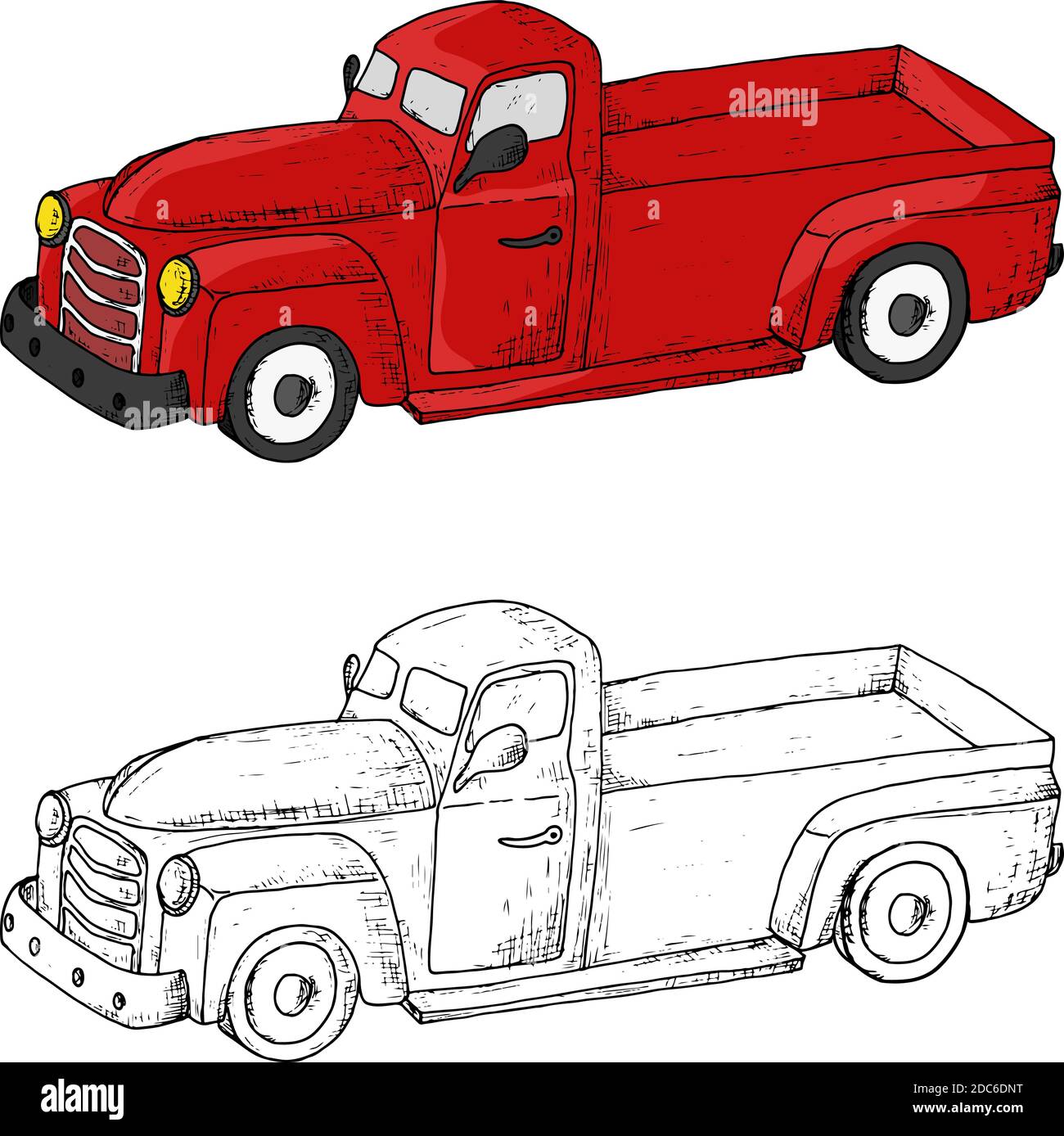 Hand-drawn pickup. Red color and black and white. Vector cartoon ...
