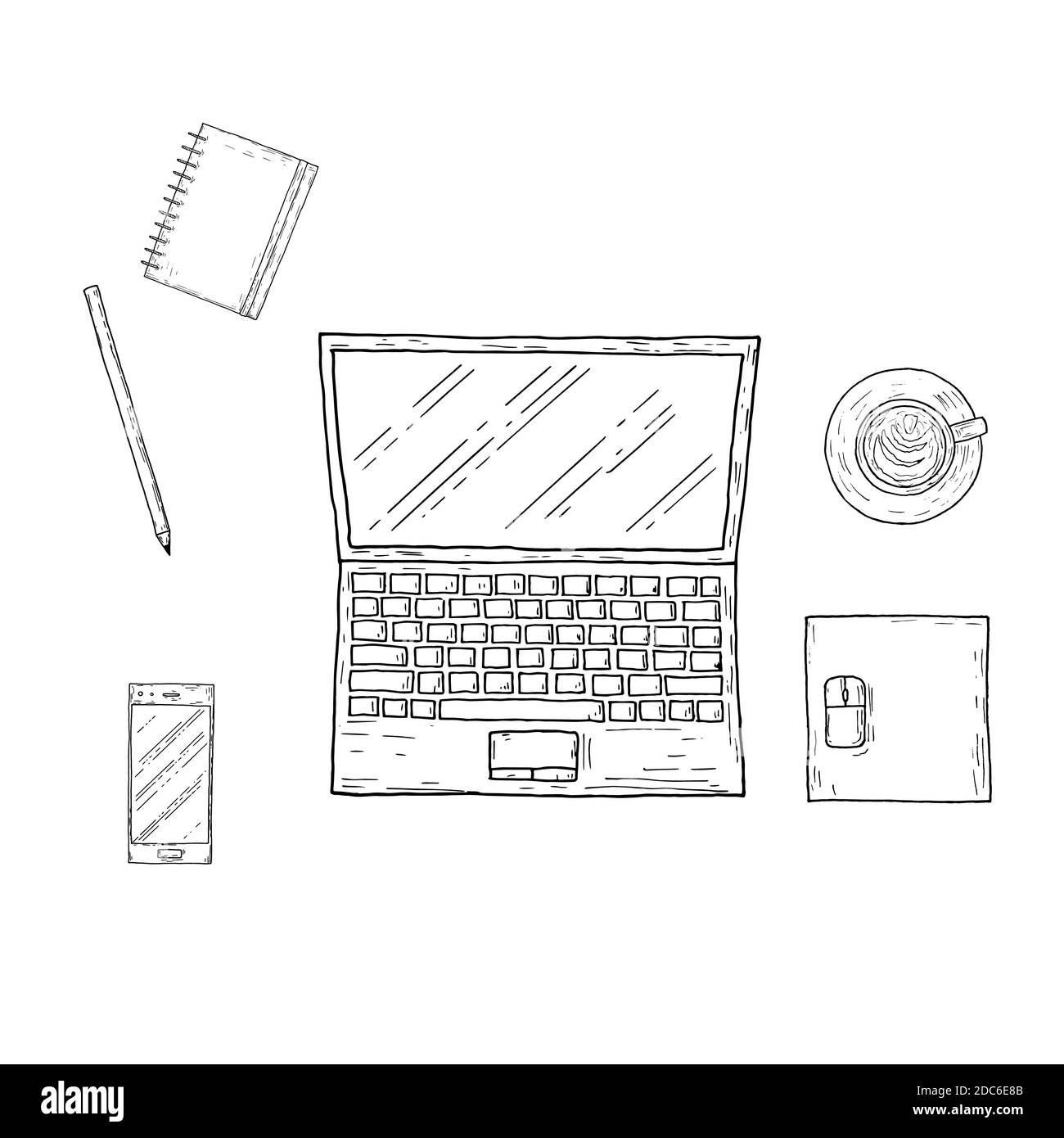 Workplace. Top view. Hand-drawn style. Vector cartoon illustration ...