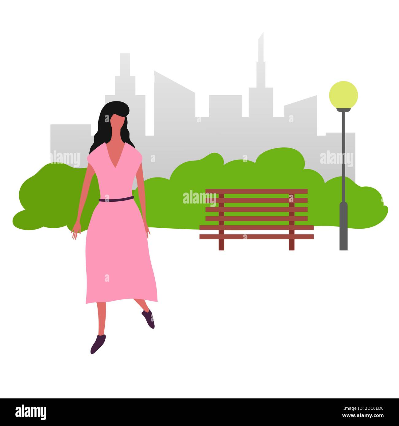 A woman in a pink dress walking in a park. Vector Stock Vector Image ...