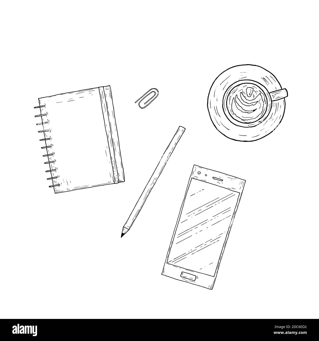 Workplace. Top view. Hand-drawn style. Vector cartoon illustration ...