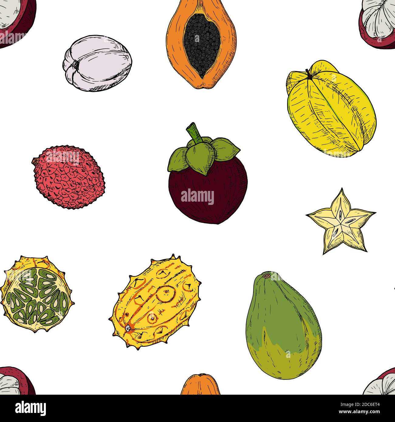 Colorful seamless pattern of tropical fruits. Vector cartoon background ...