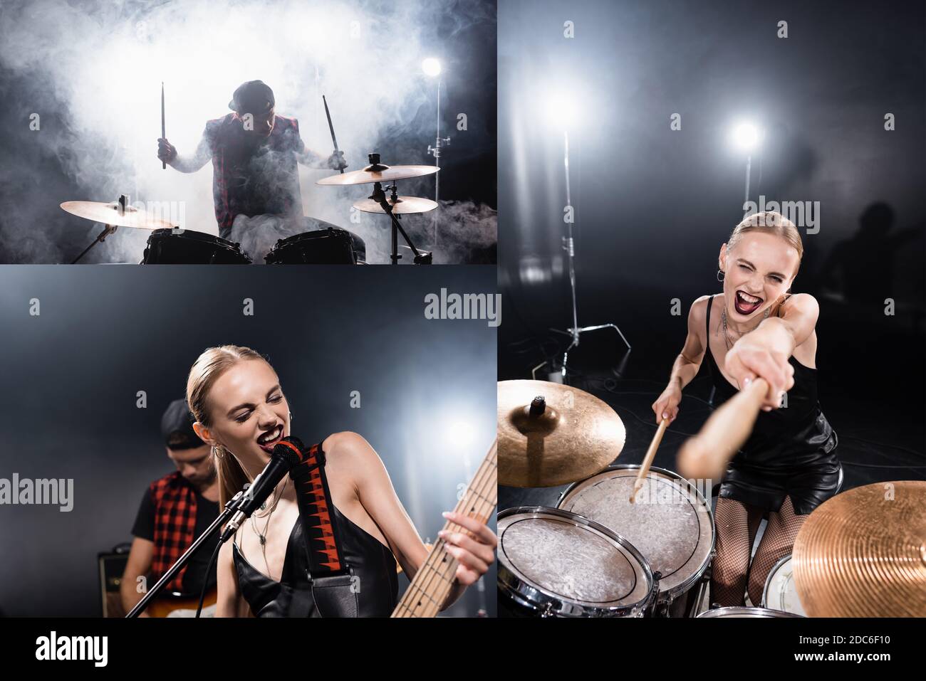 Collage of blonde woman pointing with drumsticks, singing, while ...