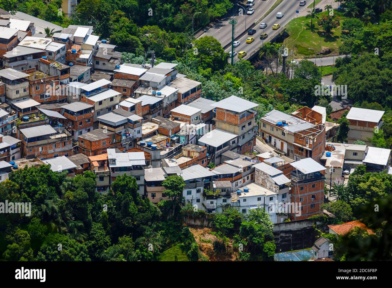 View of rooftops of Favela Santa Marta in Morro Dona Marta from Mirante ...