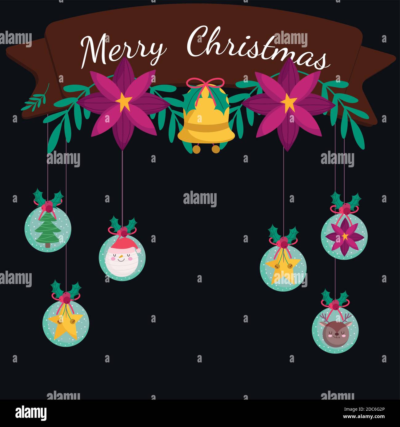 merry christmas ribbon with hanging snowballs with tree santa star deer ...