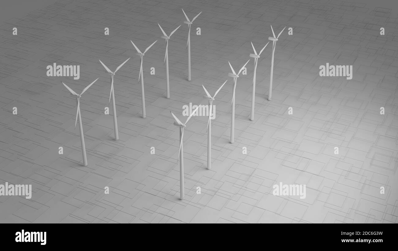 3D rendered image of a wind farm consisting of an array of wind ...