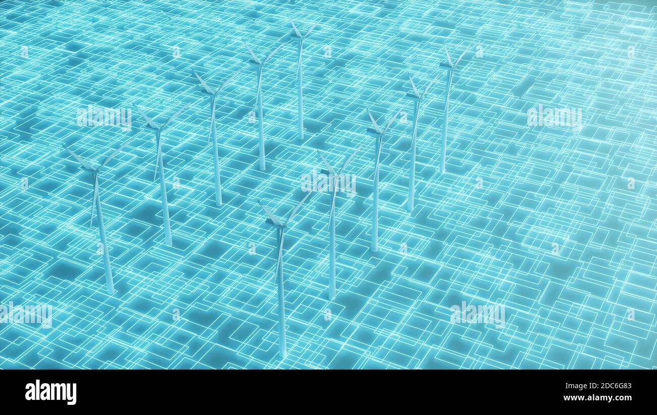 3D rendered image of a wind farm consisting of an array of wind ...