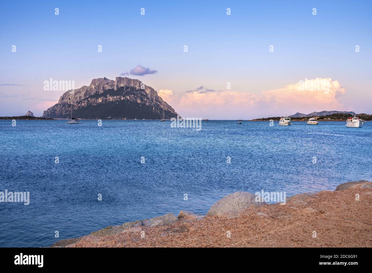 Tavolara, Sardinia / Italy - 2019/07/18: Evening view of main limestone ...