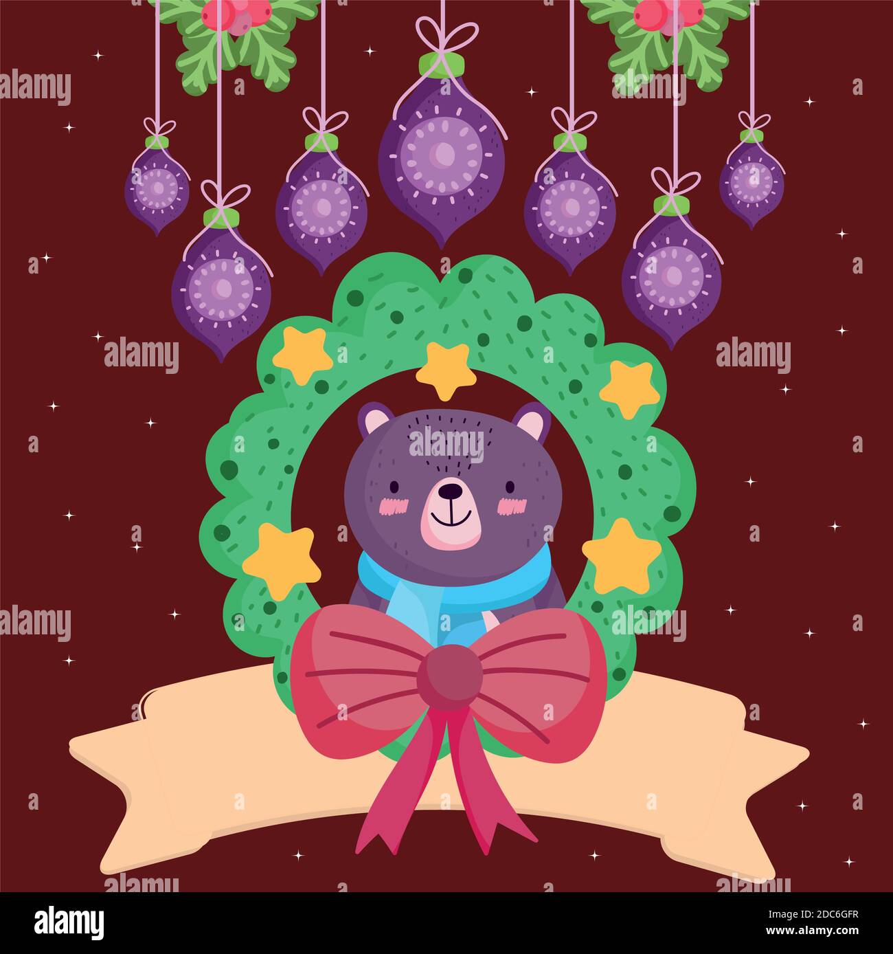 merry christmas, cute bear in wreath with bow and hanging balls card ...