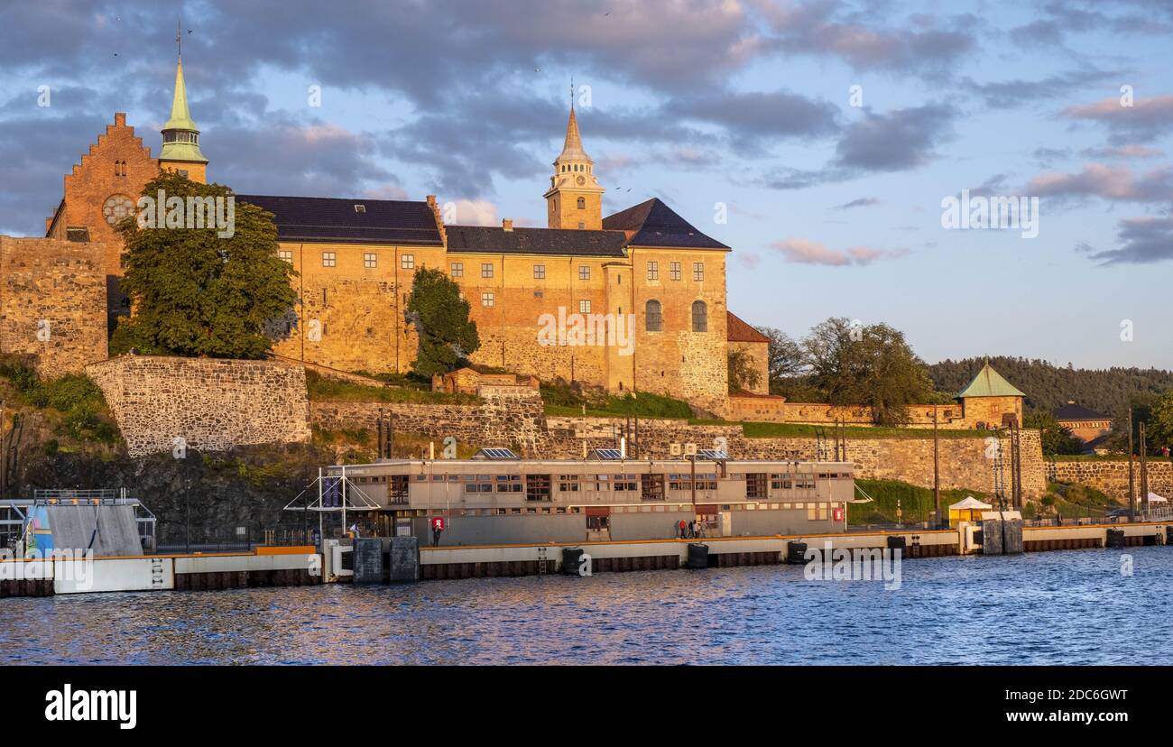Oslo, Ostlandet / Norway - 2019/09/02: Sunset view of medieval Akershus ...