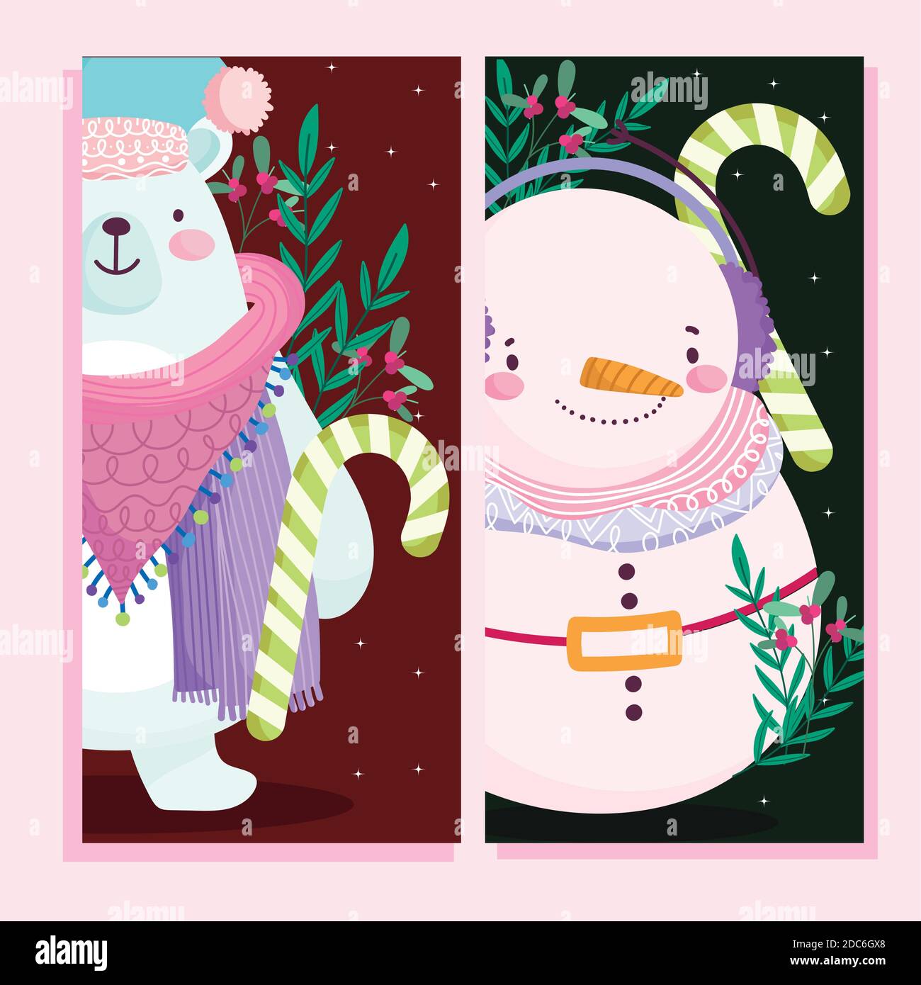merry christmas, cute snowman polar bear holly berry and candy canes ...