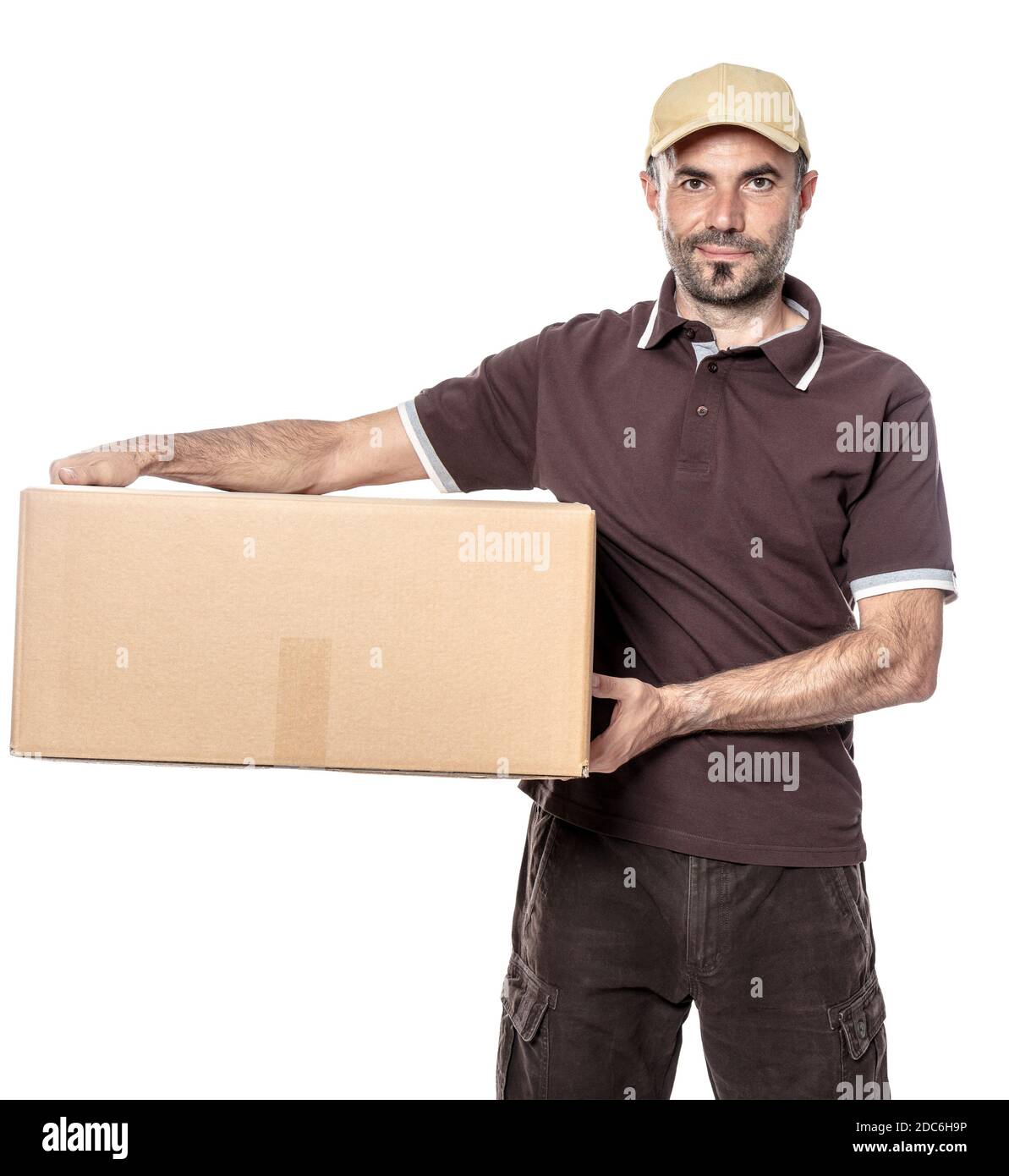 worker man courier shipping with hat and parcel in hand. isolated on ...