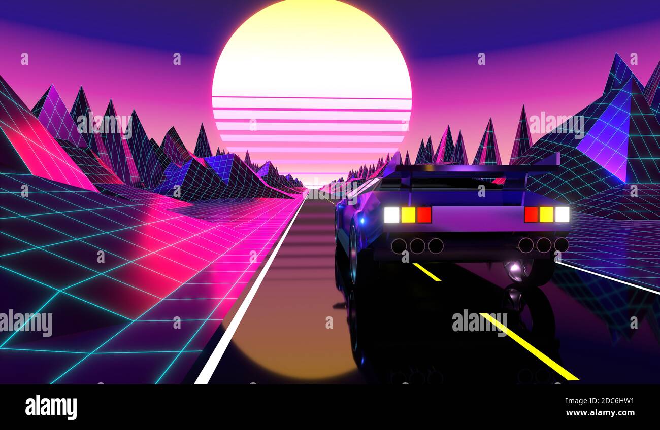 3D violet and pink retro, futuristic 80's design - car on a road Stock ...