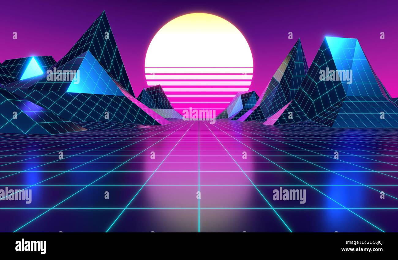 3D violet and pink retro, futuristic 80's design - sun, grid and ...