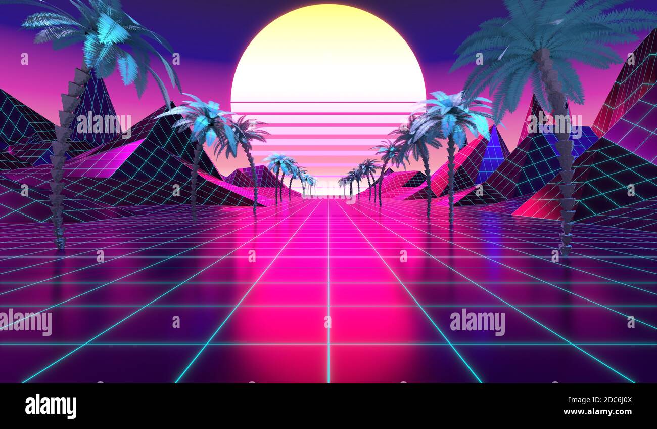 3D violet and pink retro, futuristic 80's design - sun, mountains and ...