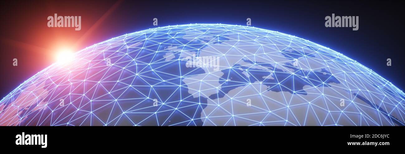 Interconnected global network. Digital information surrounds the world ...