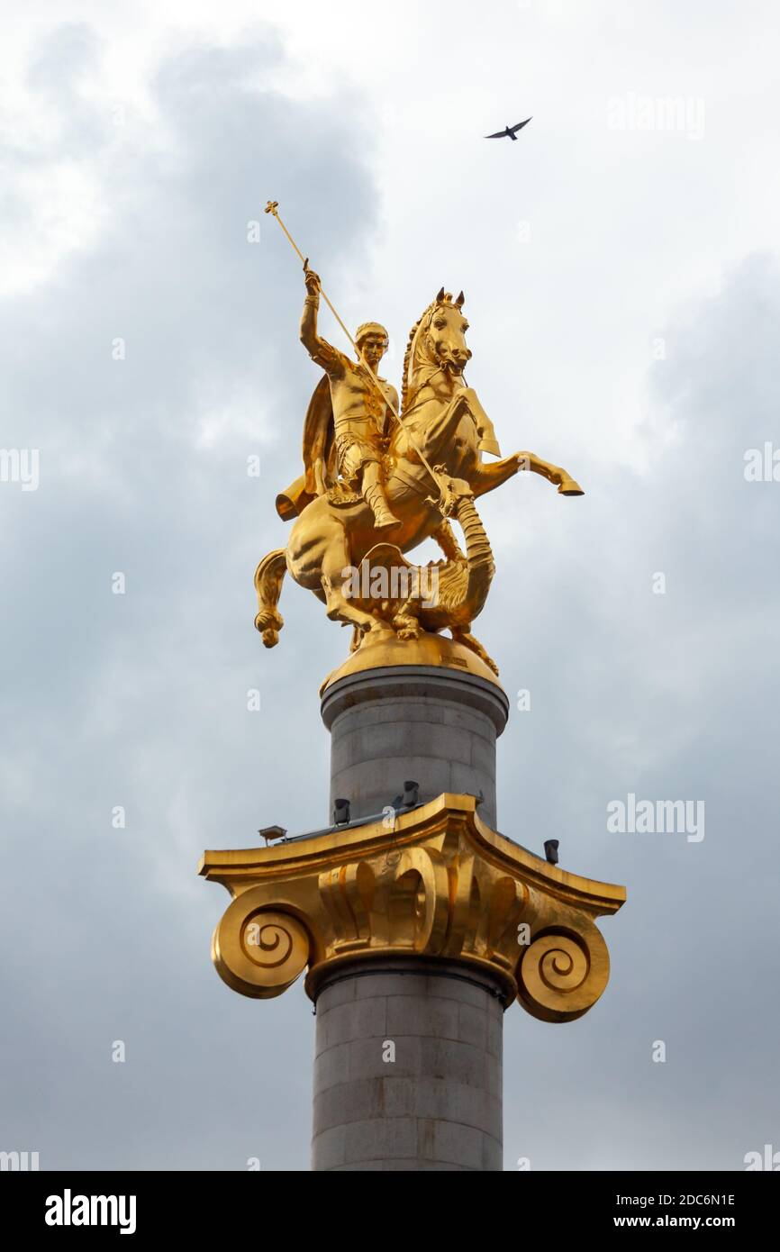 Tbilisi, Georgia - 14 November, 2020: Golden sculpture of Saint George ...