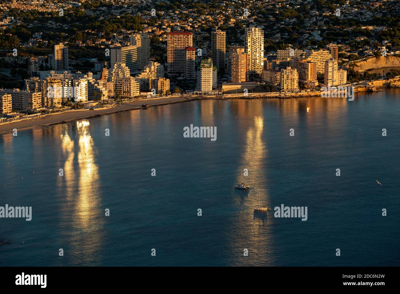 View of Fossa beach at sunrise, Calpe, Costa Blanca, Alicante, province ...