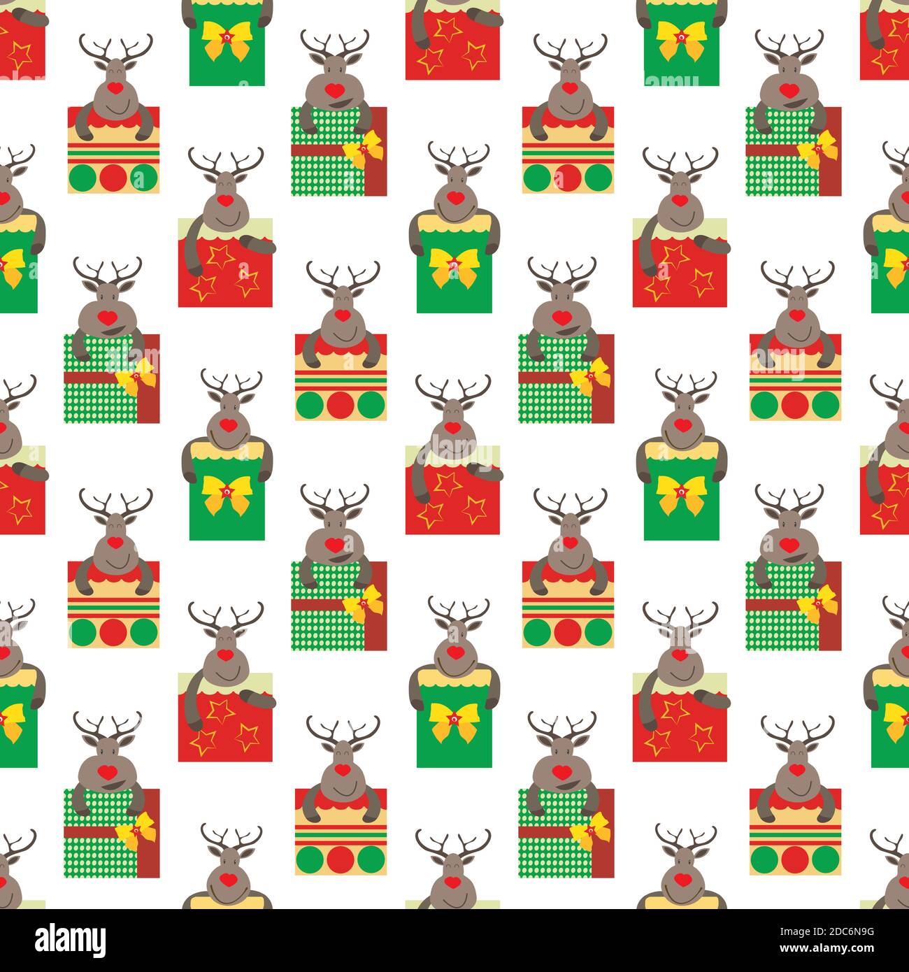 Vector cartoon reindeer with giftboxes seamless pattern background ...