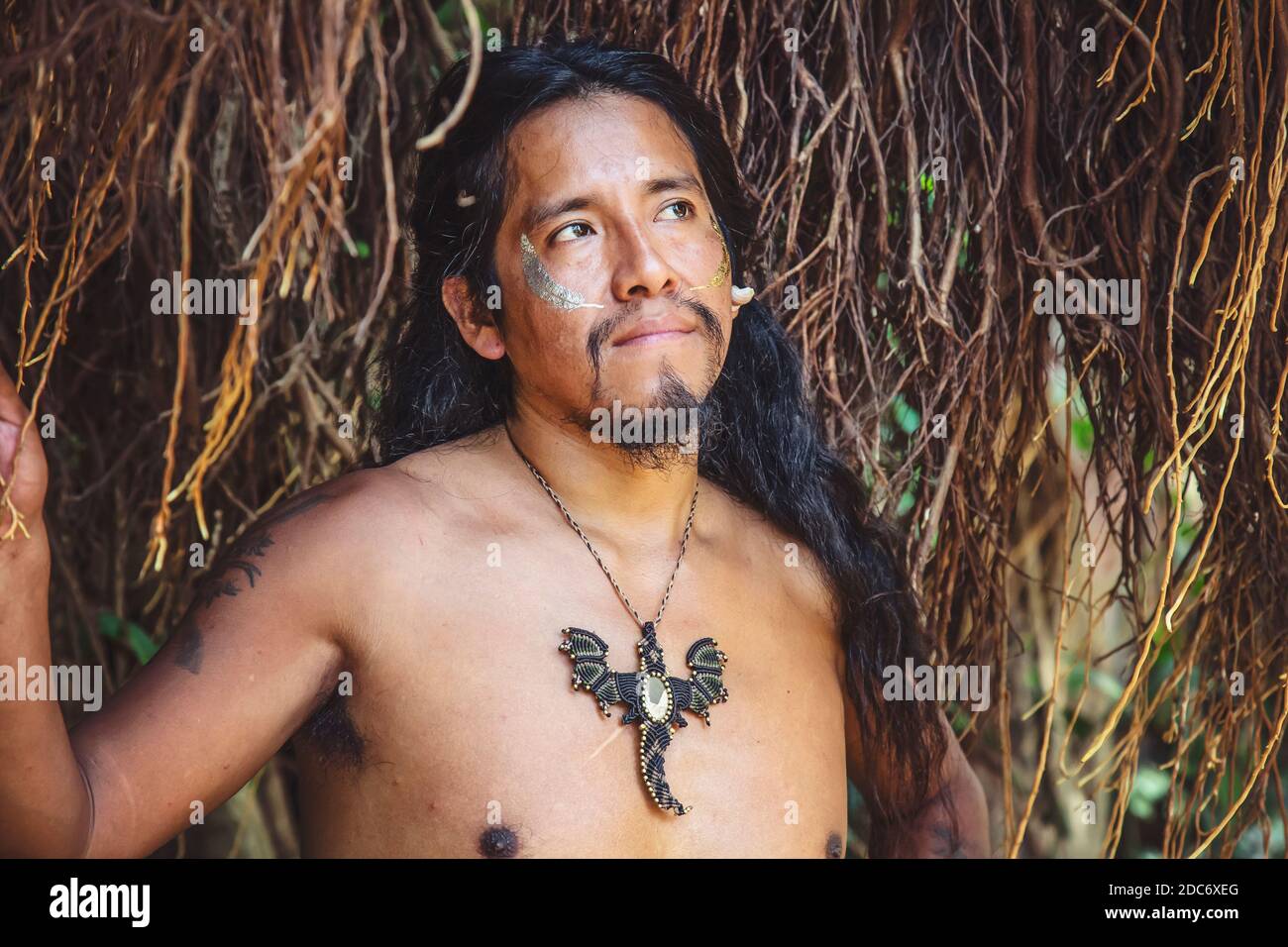 Portrait of native american Indian young man wearing mineral stone ...