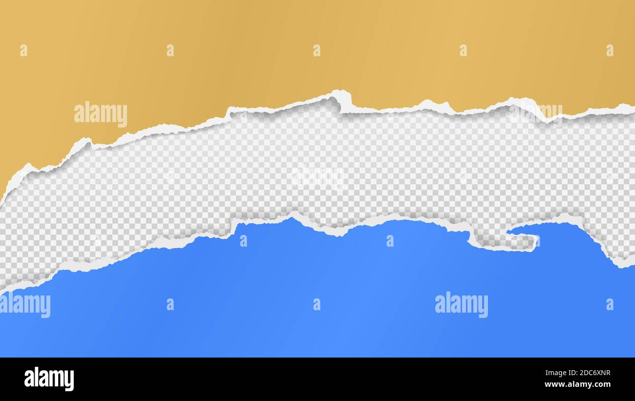 Torn of blue and yellow paper are on transparent, squared background ...