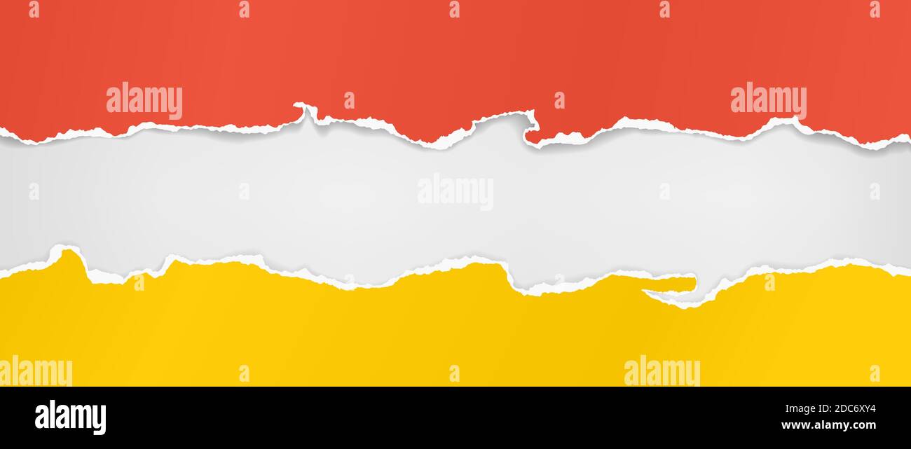 Torn of bright red and yellow paper are on white background for text ...