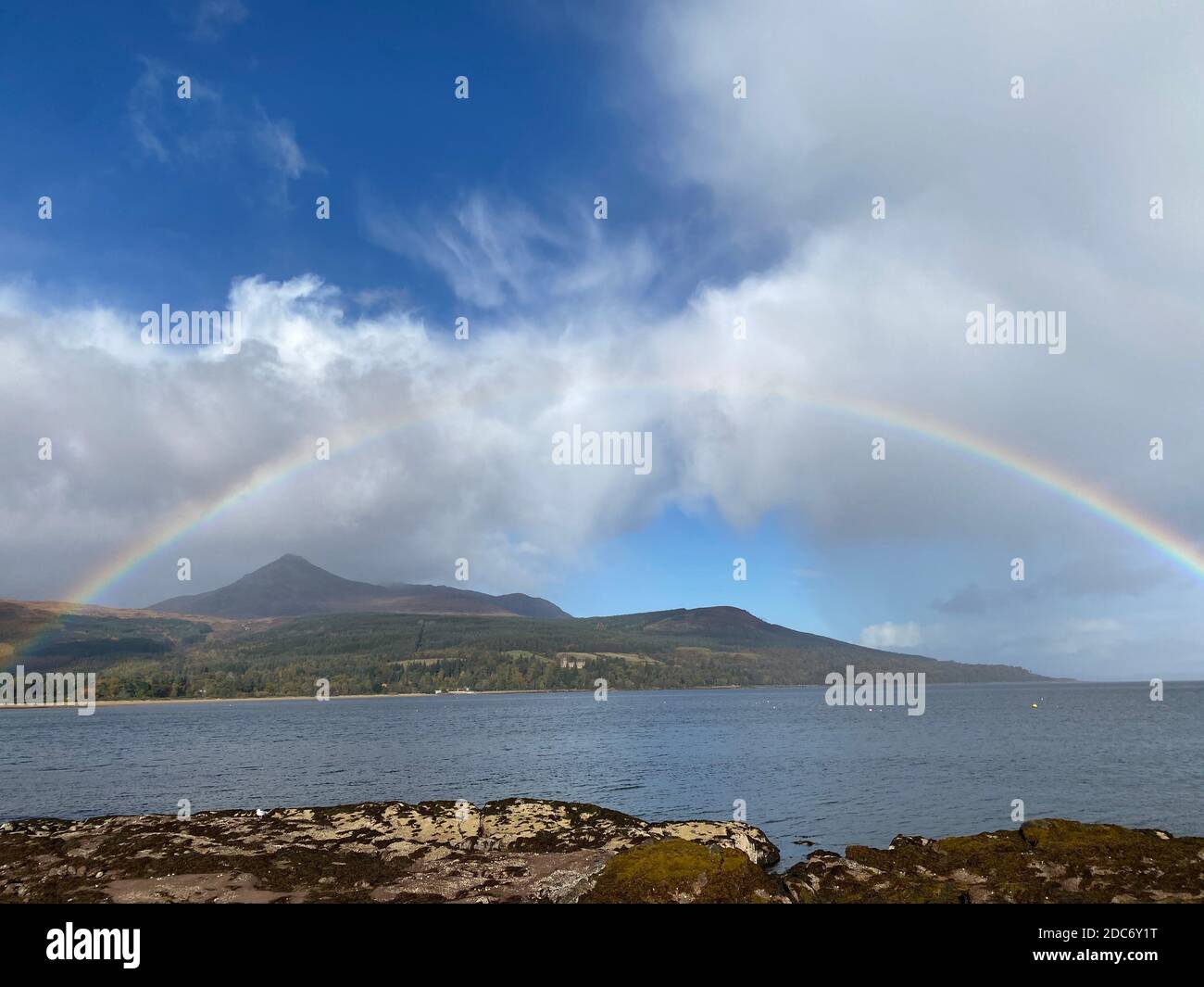 Rainbow over Brodick Bay and Goatfell on the Isle of Arran in Scotland ...