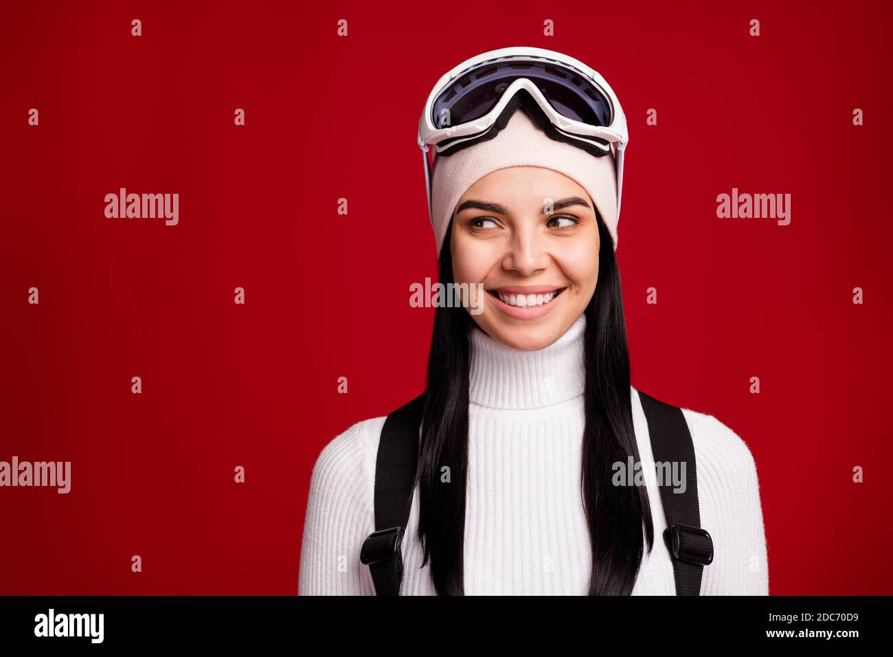 Portrait of young lovely cheerful happy good mood gir snowboarder ...