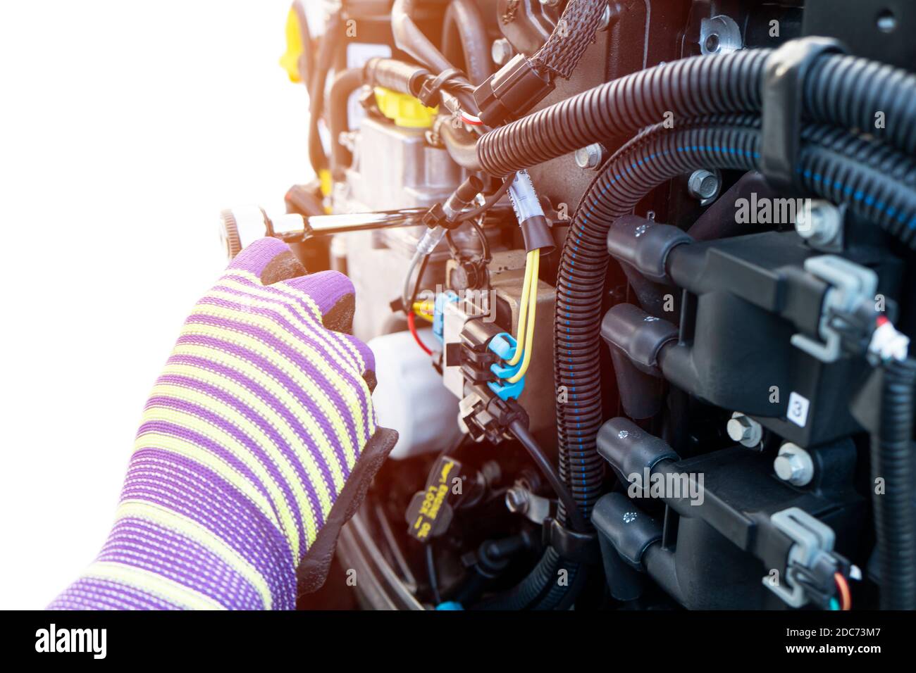 Repairing outboard marine engine. Motorboat engine seasonal service and ...