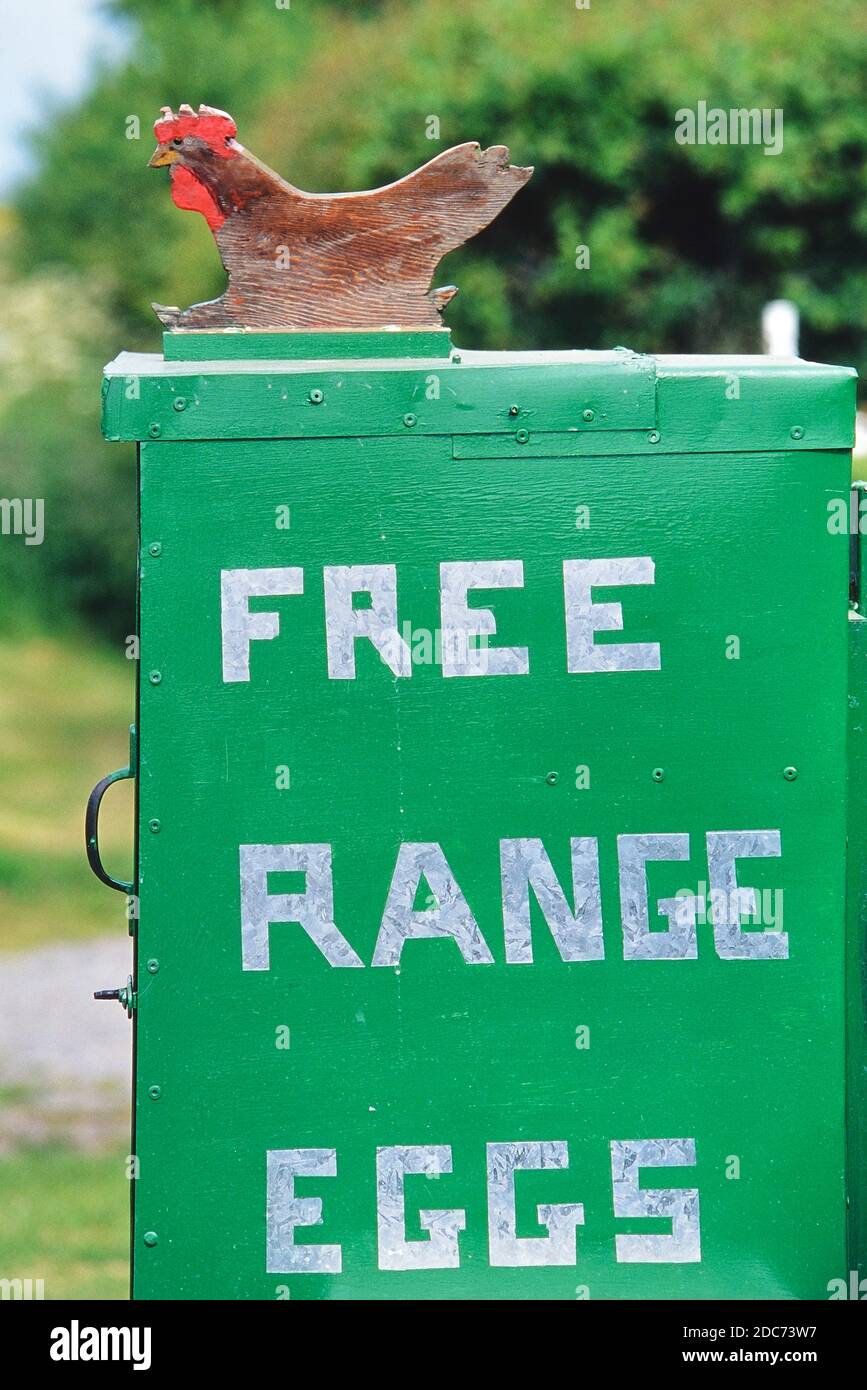 A sign advertising free range eggs at the side of a road. Lincolnshire ...