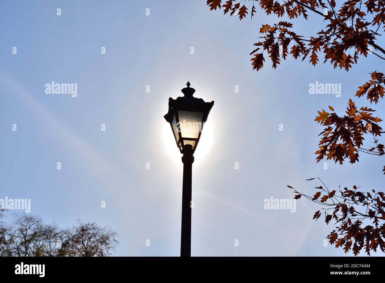Old style street lamp on sky background. Autumn Stock Photo - Alamy