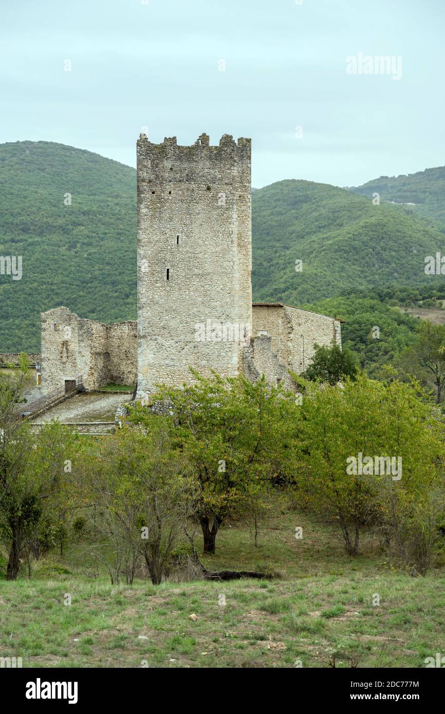 historical medieval tower in green Aterno valley, shot in bright cloudy ...