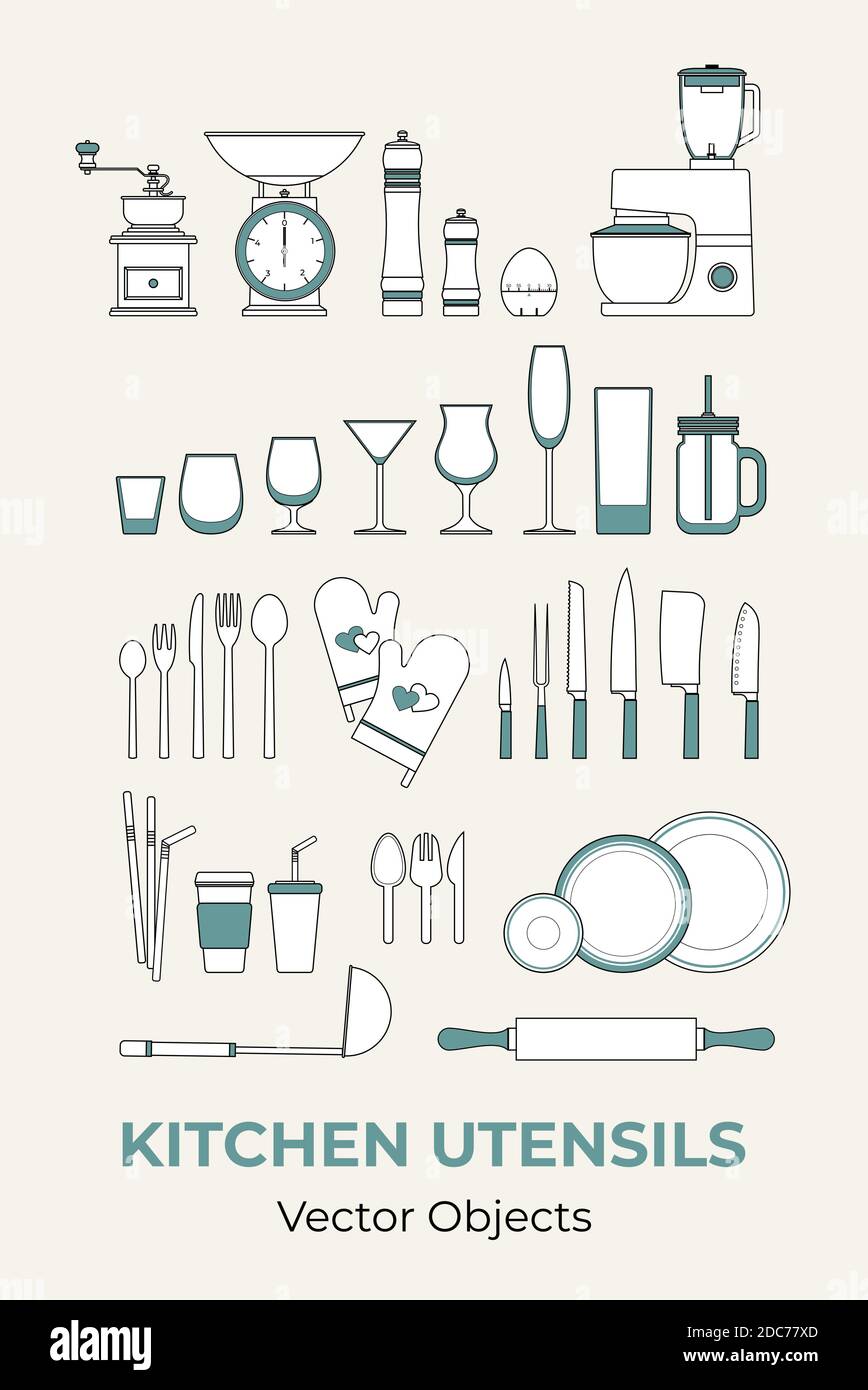 Kitchen utensils set concept vector isolated. Kitchenware glassware ...