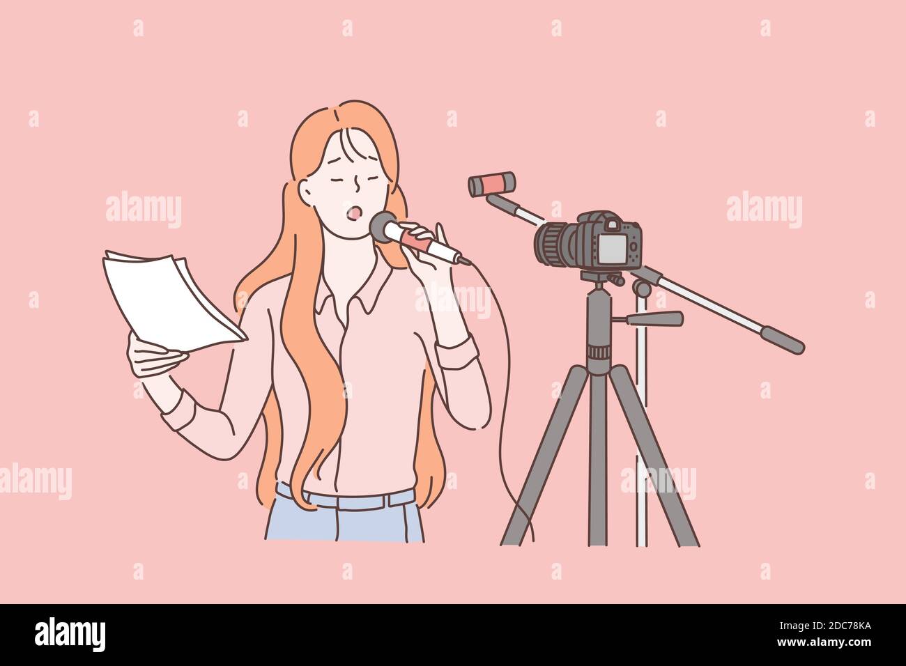 Journalist, trainee on video casting concept. Young girl, newbie ...