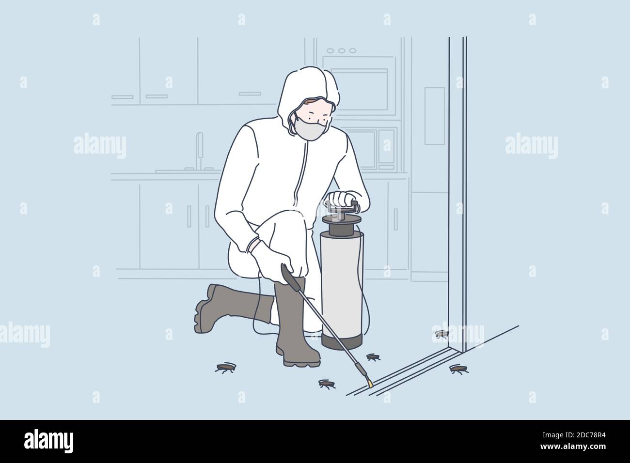 Insects disinfection service cartoon concept. Pest control worker ...