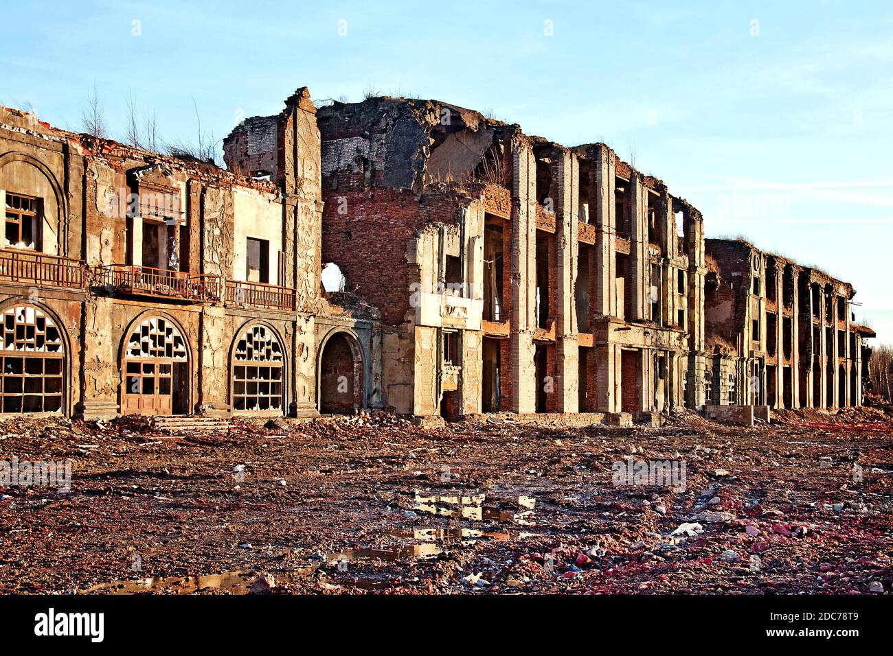 Landscape of ruined buildings at sunset, image of decrepitude or ...