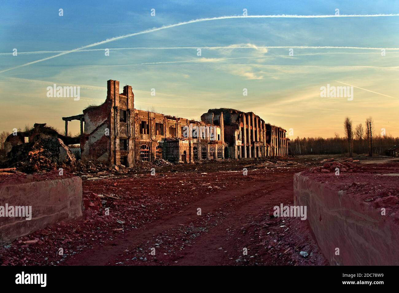 Landscape of ruined buildings at sunset, image of decrepitude or ...