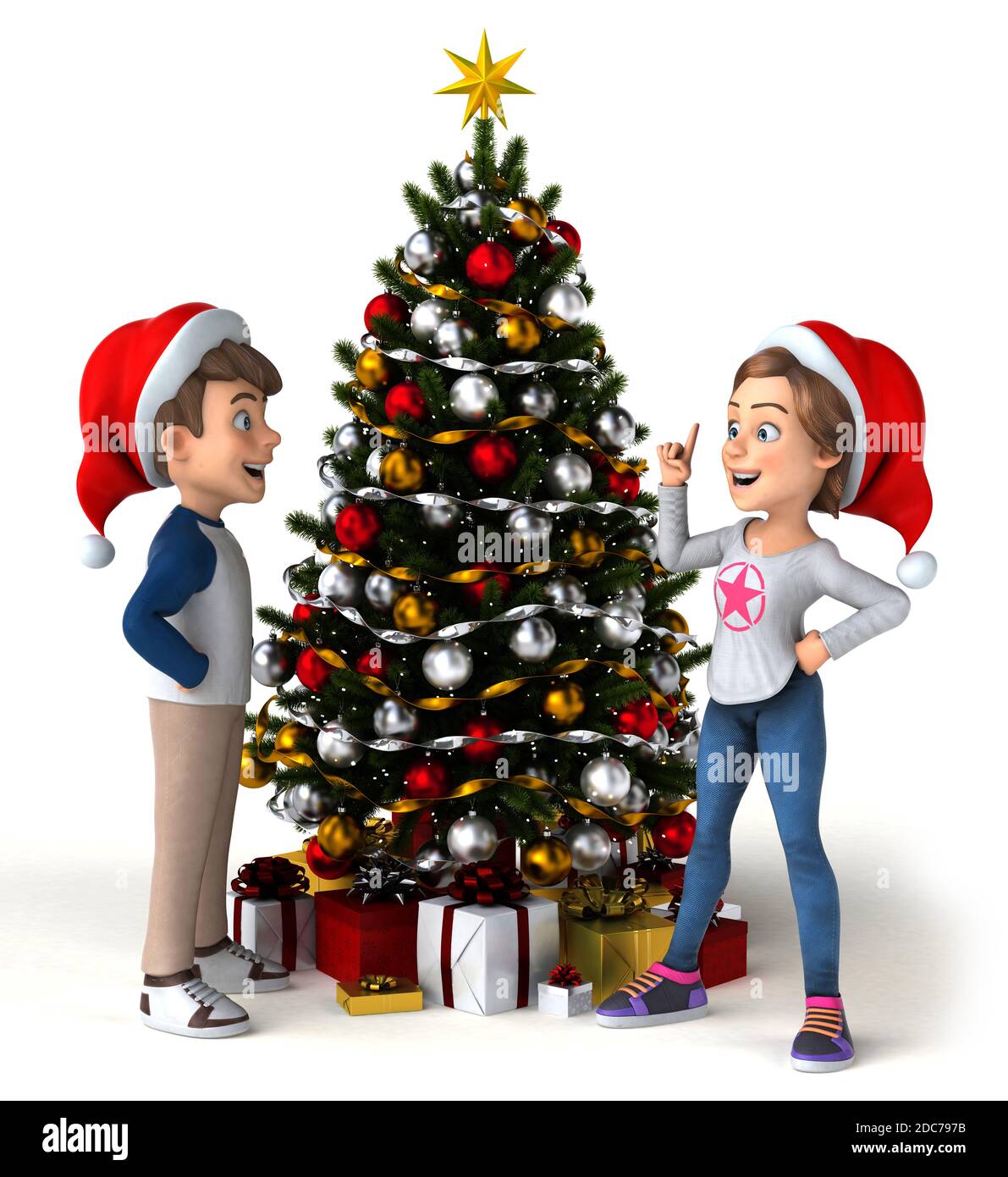 Fun 3D illustration of cartoon kids with a christmas tree Stock Photo ...