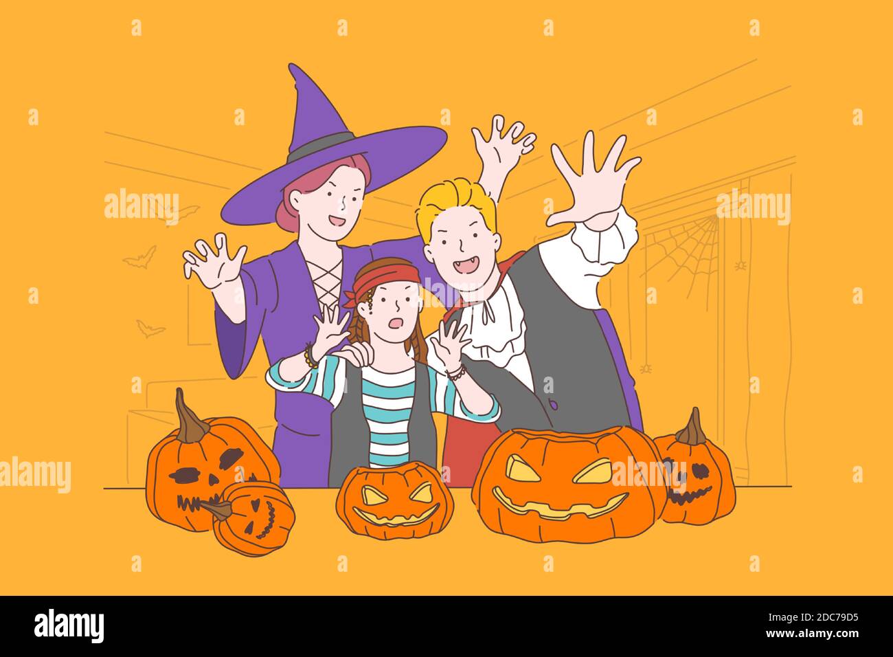 Halloween party concept. Happy family, mother, father and child in ...