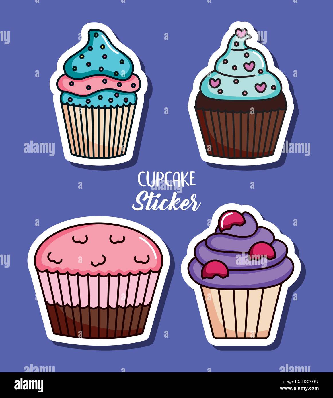 cupcakes stickers icon set over purple background, colorful design ...